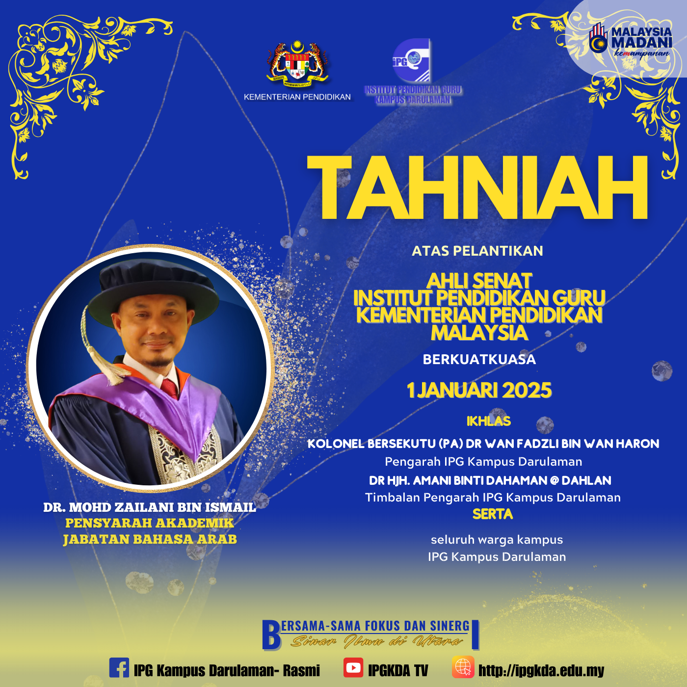 TAHNIAH ATAS PERLANTIKAN SEBAGAI AHLI SENAT